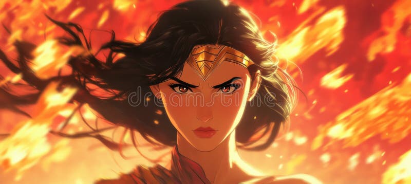 Powerful Woman Emerging from Flames with Determined Expression Stock ...