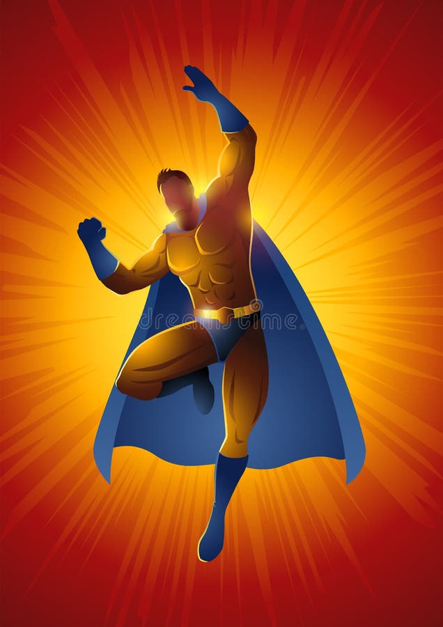 Superhero in Yellow Costume and Blue Cape is Flying Stock Vector ...