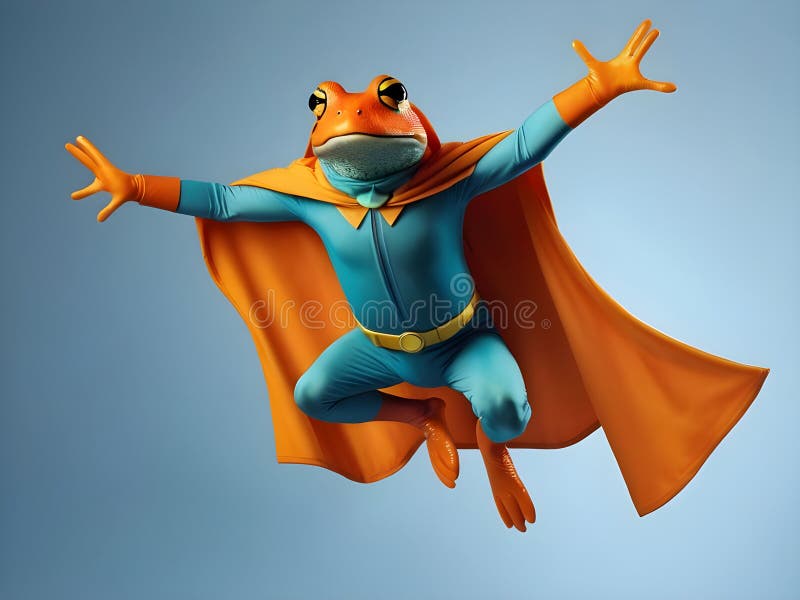 Superhero Frog in Orange Cloak, Jumping and Flying on Light Blue ...