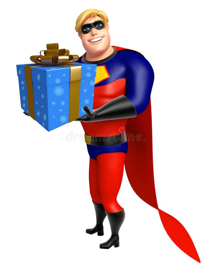 Superhero with Gift box stock illustration. Illustration of costume ...