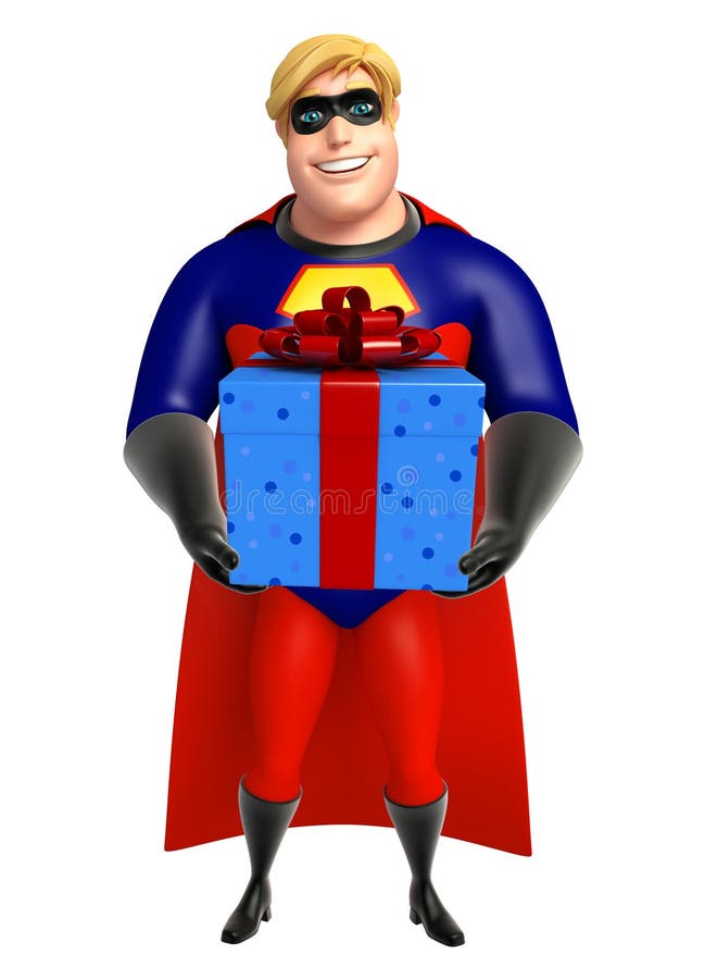 Superhero with Gift box stock illustration. Illustration of costume ...