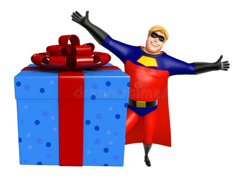 Superhero with Gift box stock illustration. Illustration of costume ...
