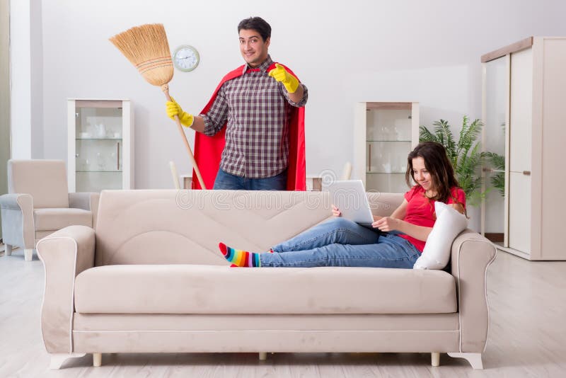 The Superhero Husband Helping His Wife at Home Stock Image - Image of ...
