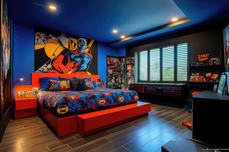 A Superhero Lair Room with Bold Primary Colors and Comic Book Stock ...
