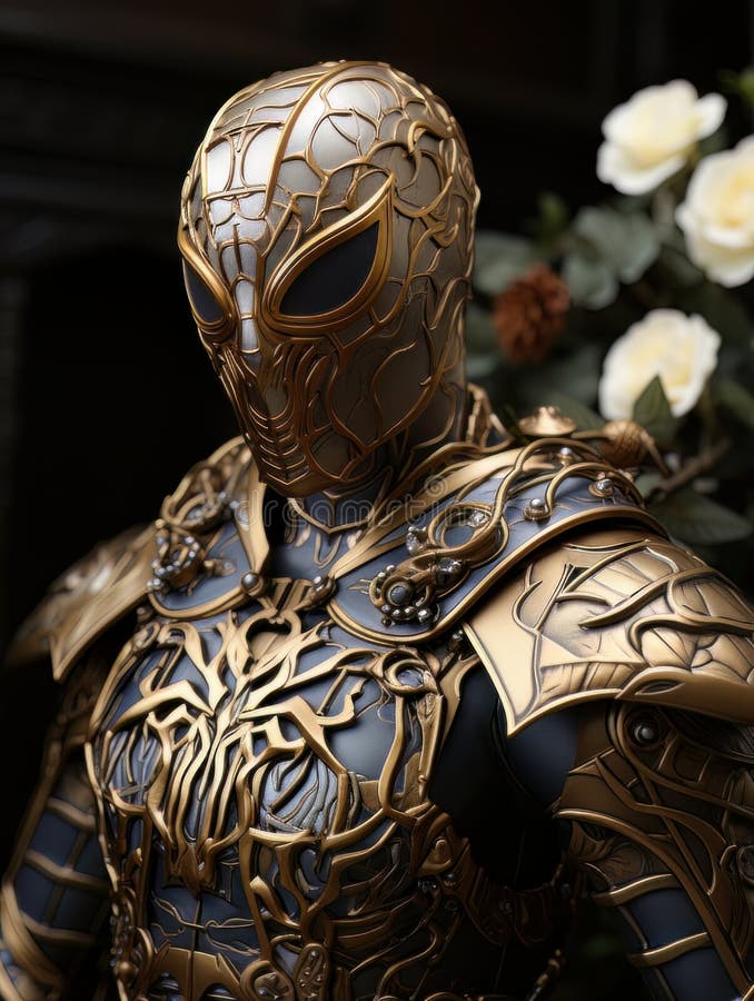 Superhero Man in Black Mask with Golden Patterns in the Form of Web. AI ...