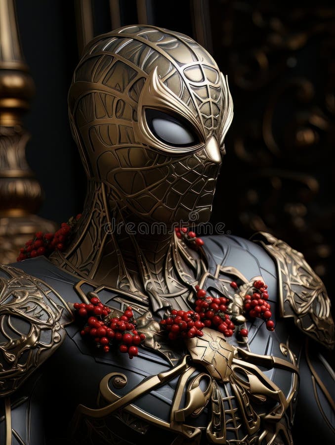 Superhero Man in Black Mask with Golden Patterns in the Form of Web. AI ...