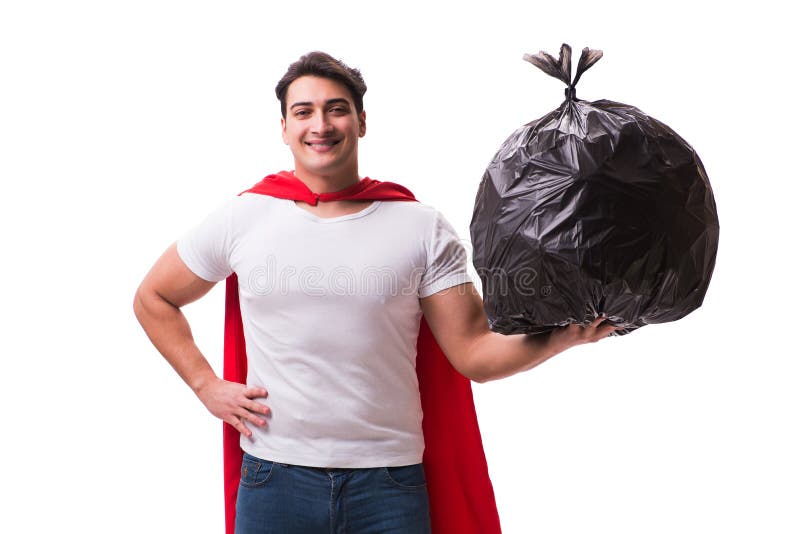 The Superhero Man with Garbage Sack Isolated on White Stock Photo ...