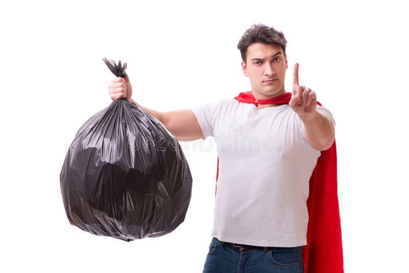 The Superhero Man with Garbage Sack Isolated on White Stock Image ...