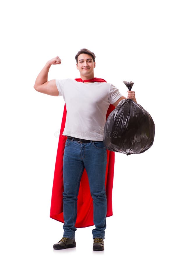 The Superhero Man with Garbage Sack Isolated on White Stock Image ...