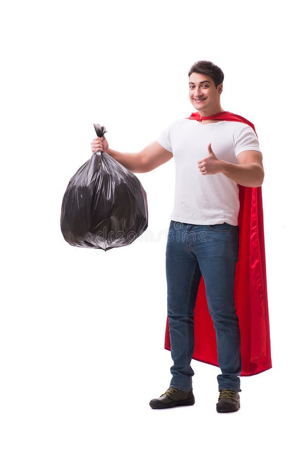 The Superhero Man with Garbage Sack Isolated on White Stock Photo ...