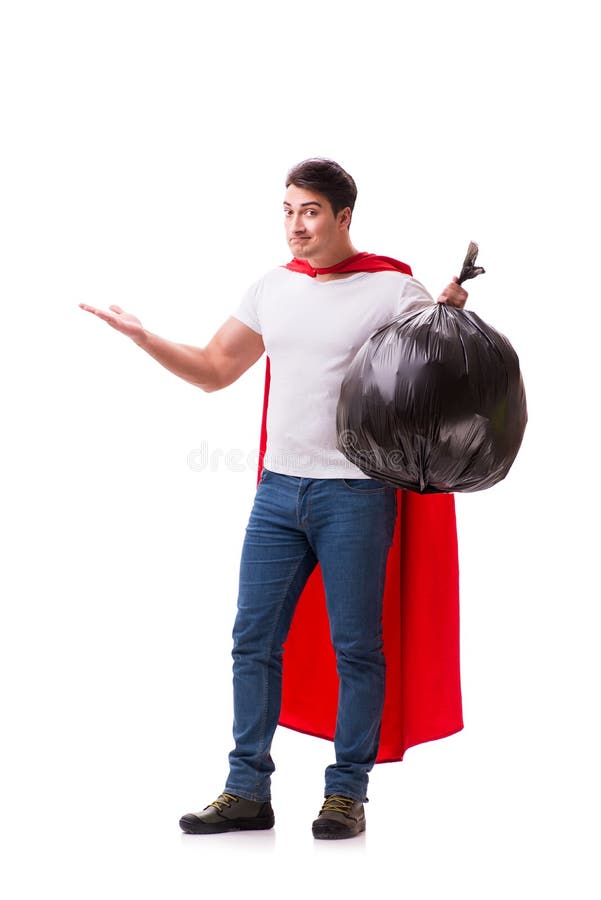 The Superhero Man with Garbage Sack on White Stock Image - Image of ...