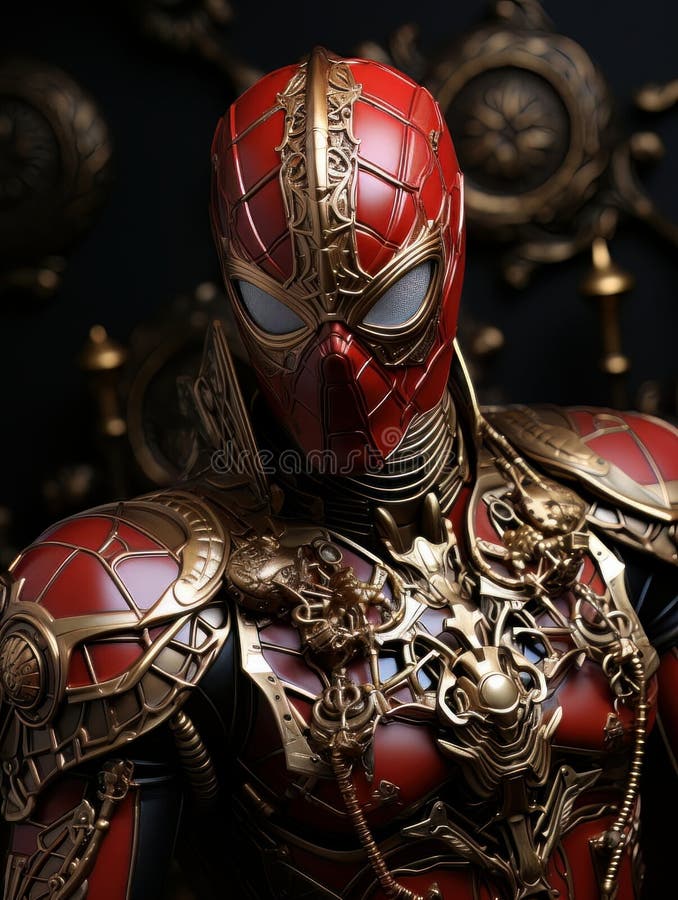 Superhero Man in Red Mask with Golden Patterns in the Form of Web. AI ...