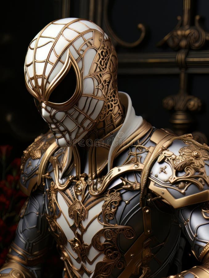 Superhero Man in White Mask with Golden Patterns in the Form of Web. AI ...