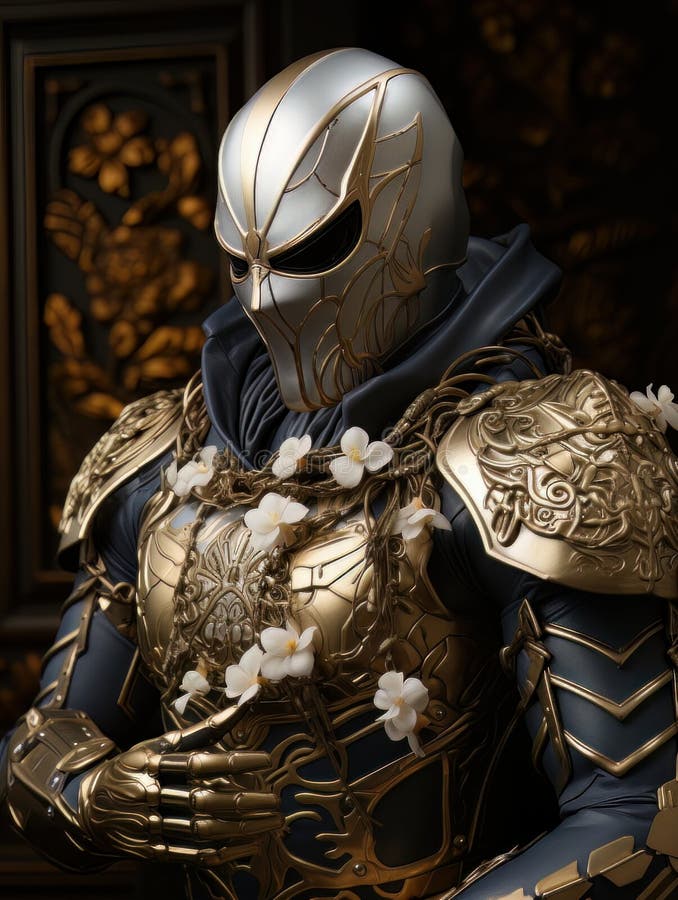 Superhero Man in White Mask with Golden Patterns in the Form of Web. AI ...