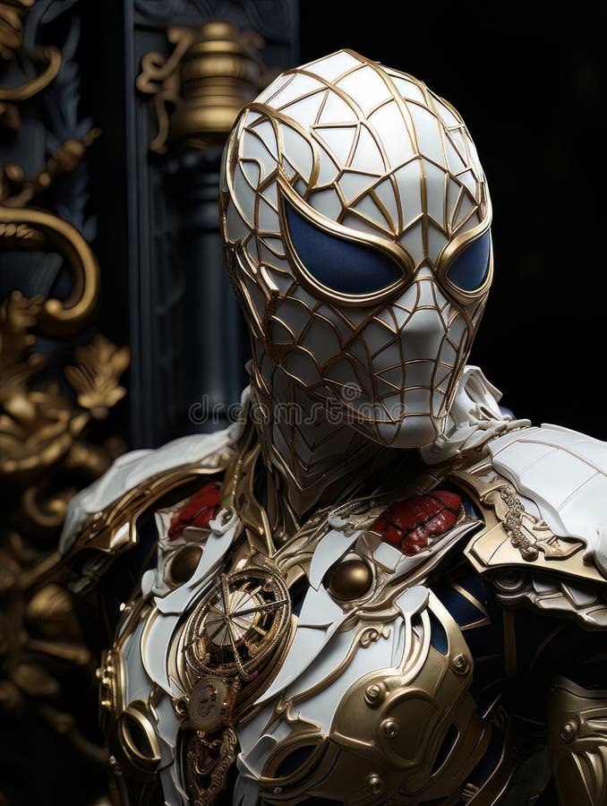 Superhero Man in White Mask with Golden Patterns in the Form of Web. AI ...