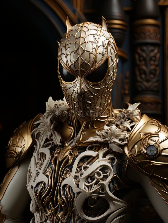 Superhero Man in White Mask with Golden Patterns in the Form of Web. AI ...