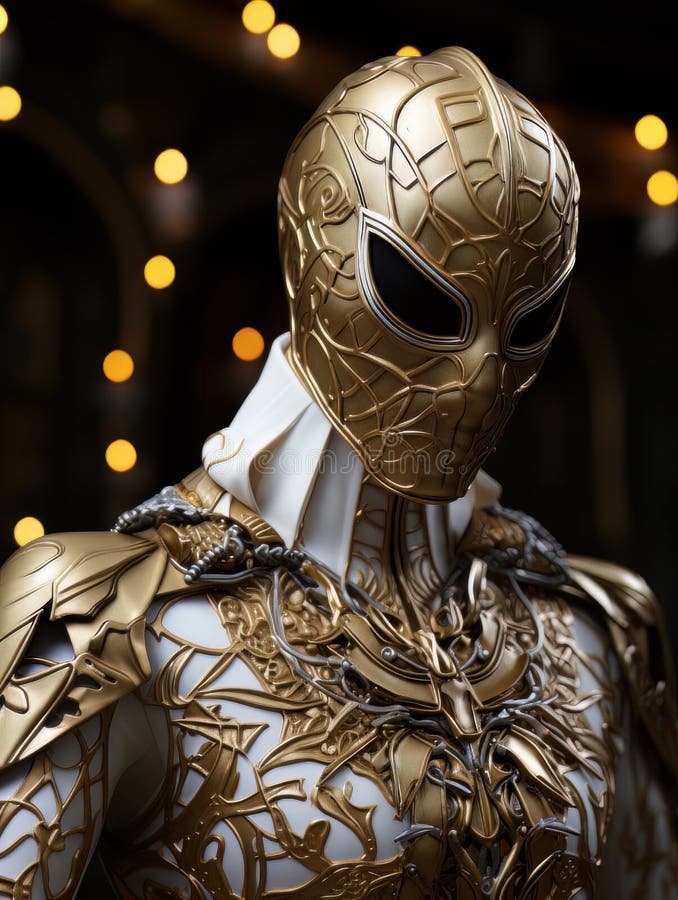 Superhero Man in White Mask with Golden Patterns in the Form of Web. AI ...