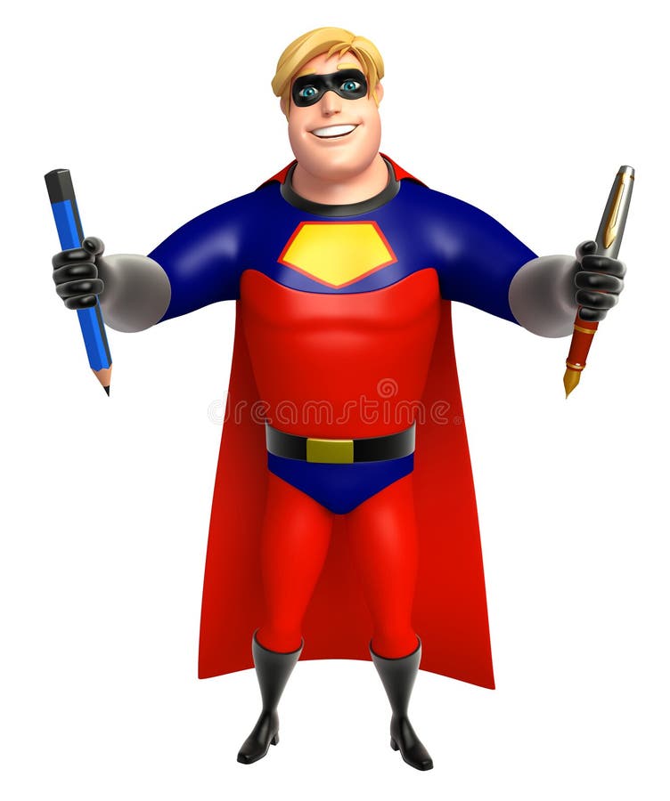 Superhero with Pen and Pencil Stock Illustration - Illustration of ...