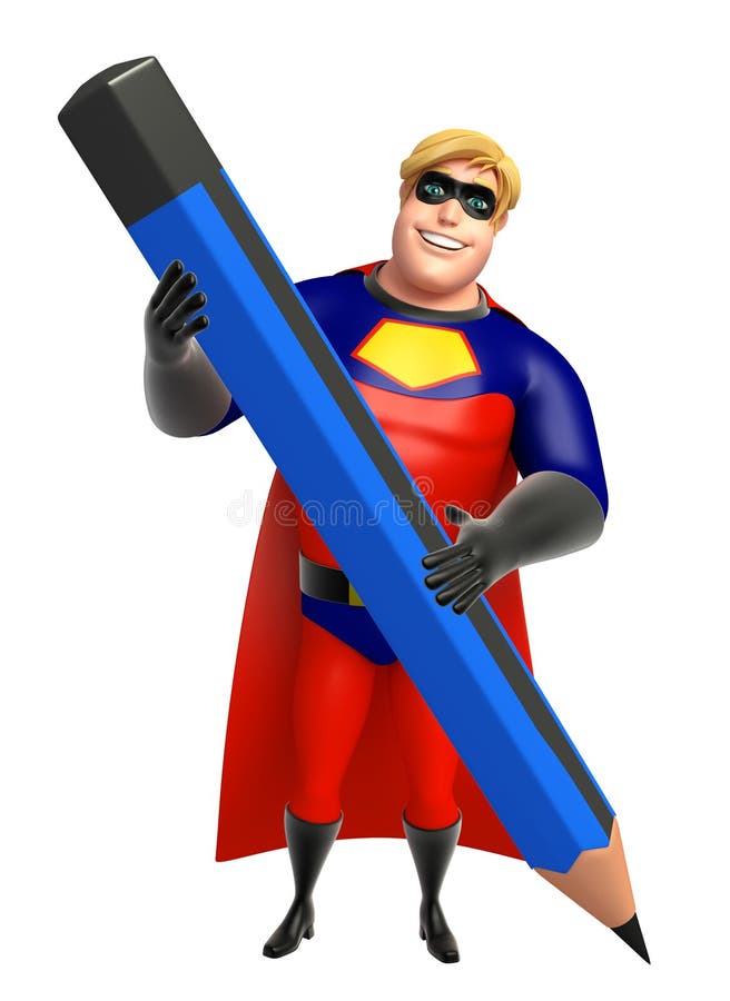 Superhero with Pen and Pencil Stock Illustration - Illustration of ...