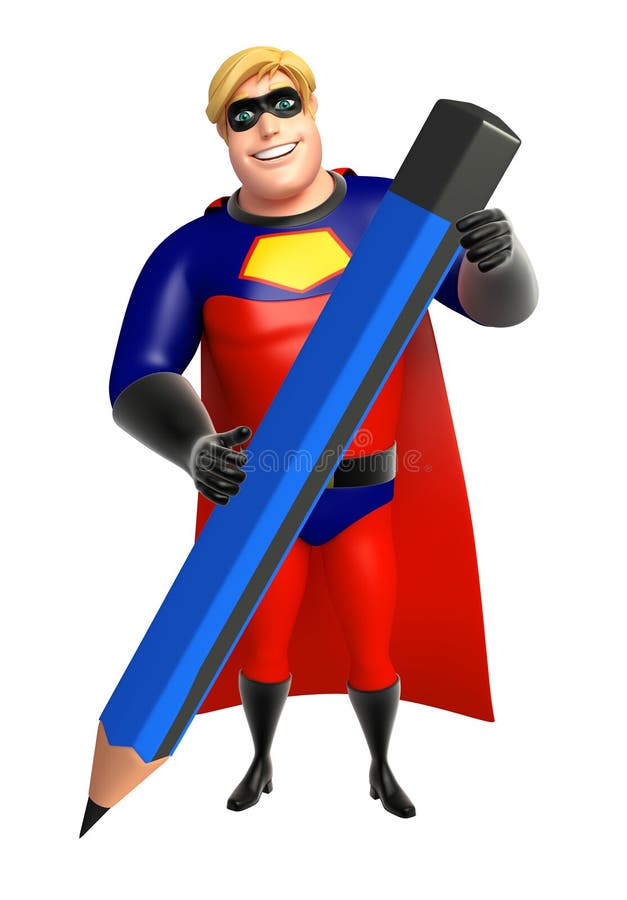 Superhero with Pen and Pencil Stock Illustration - Illustration of ...