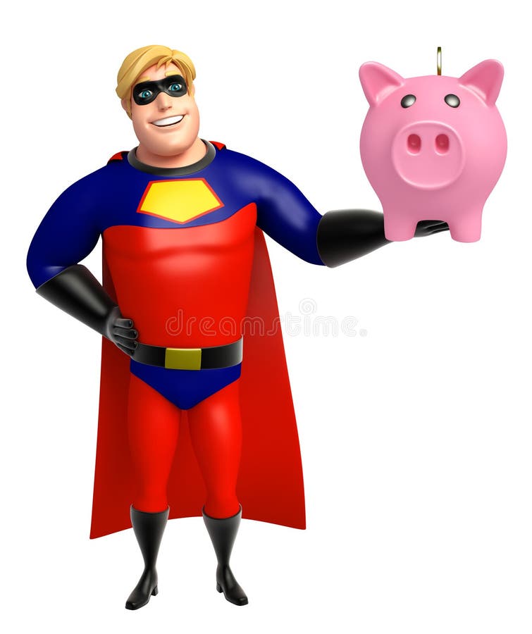 Superhero with piggy bank stock illustration. Illustration of hero ...