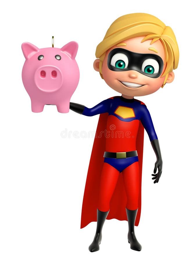 Superhero with piggy bank stock illustration. Illustration of suit ...