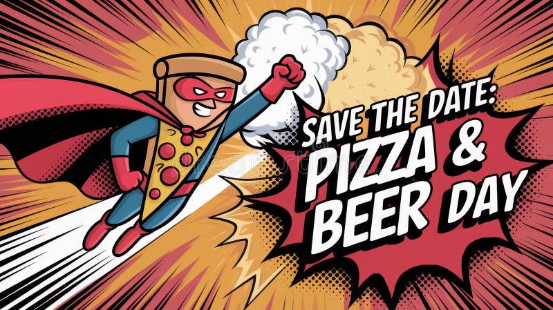 Superhero Pizza Slice Celebrating Pizza and Beer Day in Comic Style ...