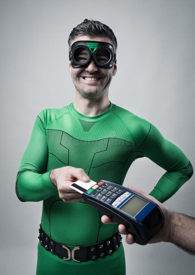 Superhero Shopping with Credit Card Stock Photo - Image of spending ...