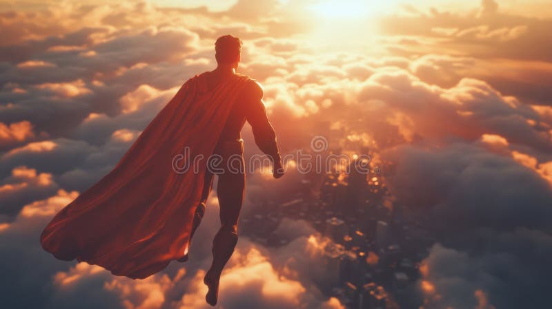 Superhero Soaring Above Clouds in Animated Style at Sunset Stock ...