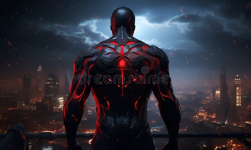 Superhero Standing Facing the City at Night, Ai Generative Stock ...