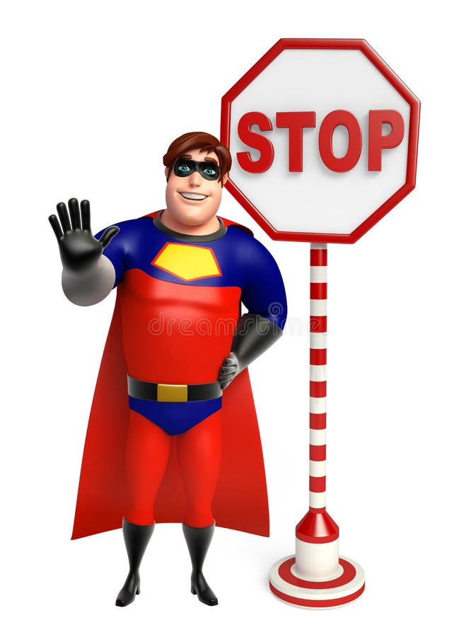 Superhero with Stop sign stock illustration. Illustration of rendered ...