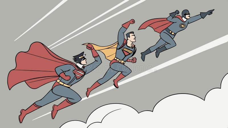 Superhero Team Flying Together, Comic Book Style Action Heroes Vector ...