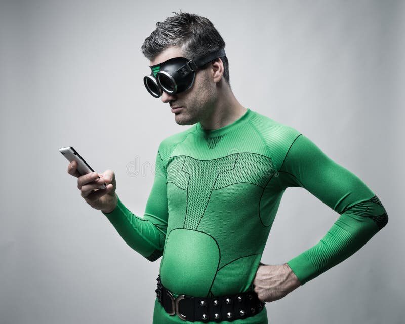 Superhero Using a Smartphone Stock Photo - Image of character, glasses ...