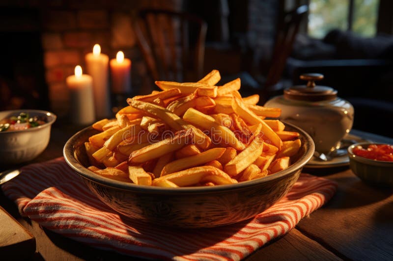 Superior View of Chips on the Plate with Ketchup and C Stock ...