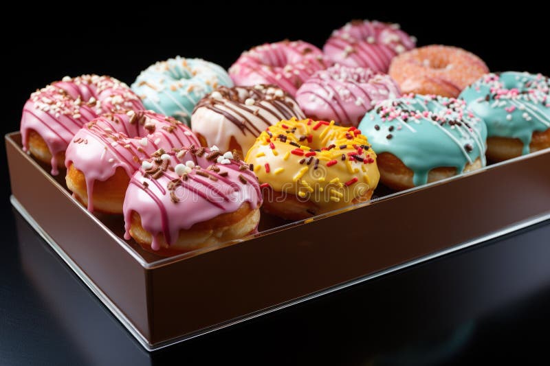 Superior View of Colorful Candy Donuts in a Box on a Turquoise S Stock ...