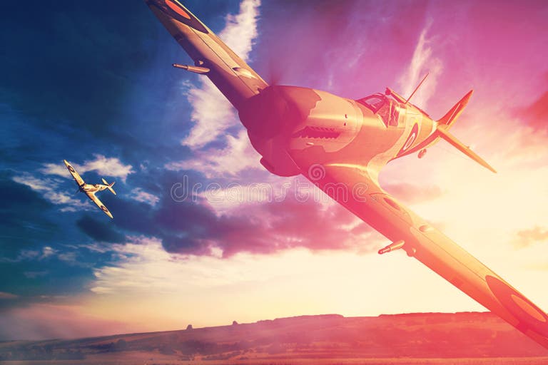Supermarine Spitfire in Fligjt with Clouds during Sunset Stock Photo ...