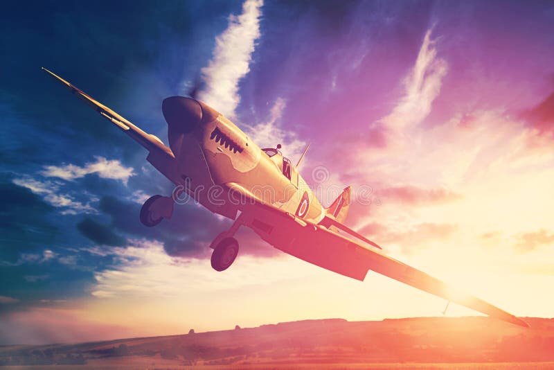 Supermarine Spitfire in Fligjt with Clouds during Sunset Stock Image ...