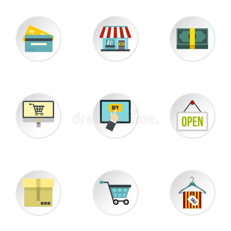 Supermarket Buying Icons Set, Flat Style Stock Vector - Illustration of ...