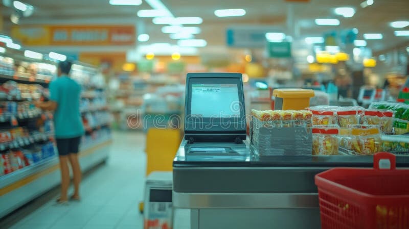 Supermarket Checkout Counter with a POS System and Products Stock ...
