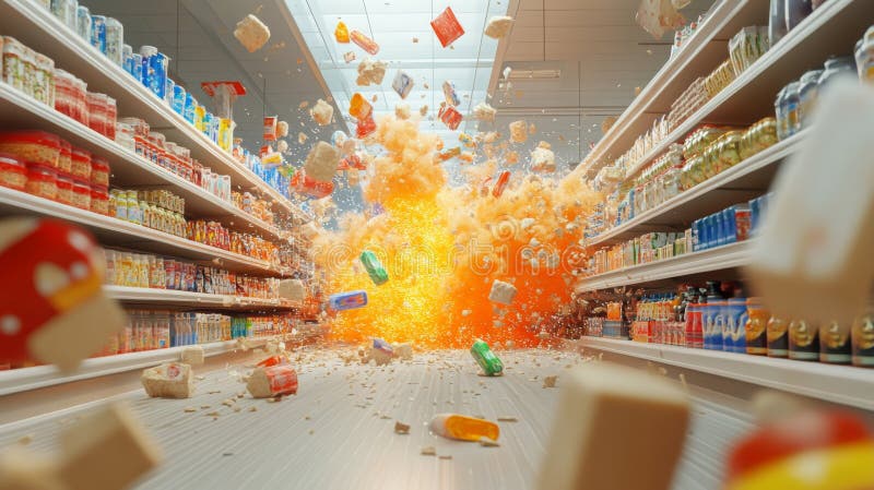 Supermarket Explosion with Flying Food Products Stock Illustration ...