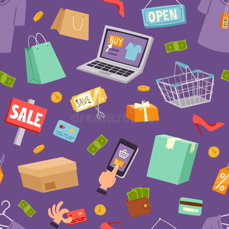 Supermarket Grocery Shopping Cartoon Vector Pattern. Stock Vector ...