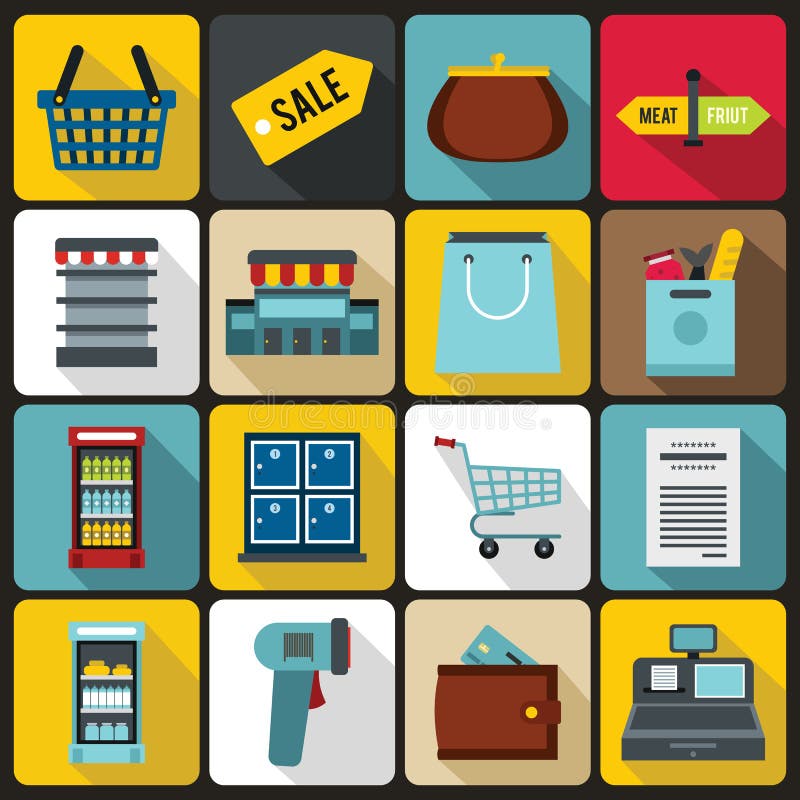 Supermarket Icons Set, Flat Ctyle Stock Vector - Illustration of ...