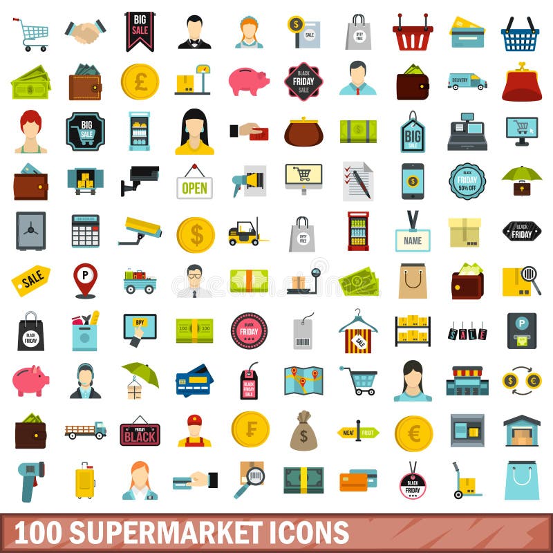 100 Supermarket Icons Set, Flat Style Stock Vector - Illustration of ...