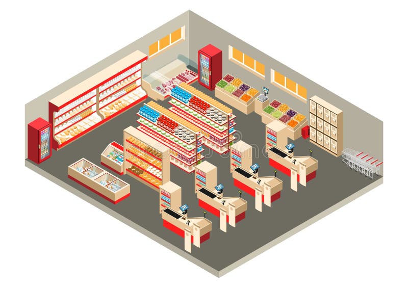 Supermarket Interior Isometric Set Stock Vector - Illustration of food ...
