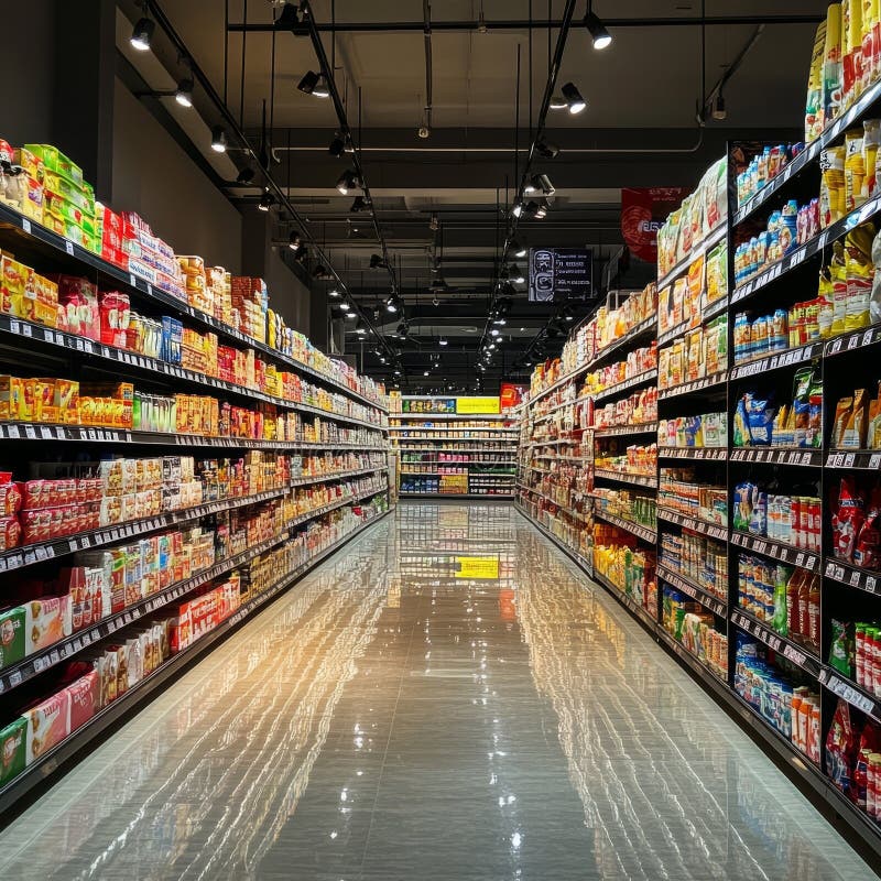 Supermarket Interior with Shelves Full of Products. 3D Rendering Stock ...