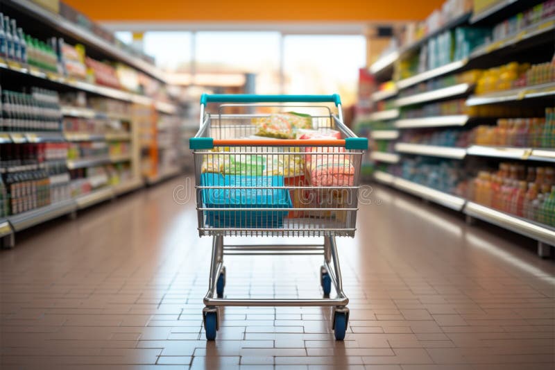 Supermarket Scene with a Conveniently Placed Shopping Cart for Context ...