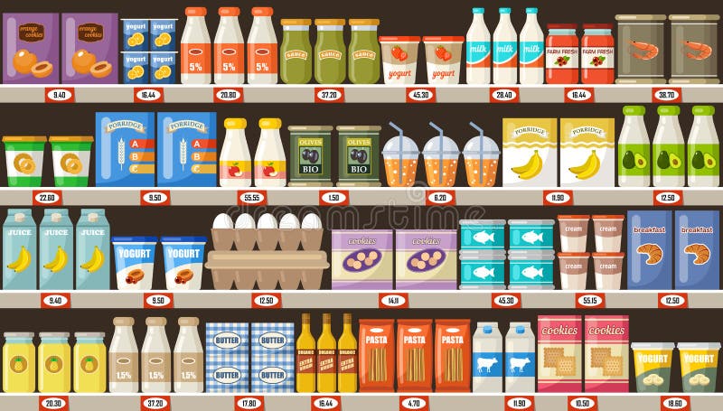 Supermarket, Shelves with Products and Drinks Stock Vector ...