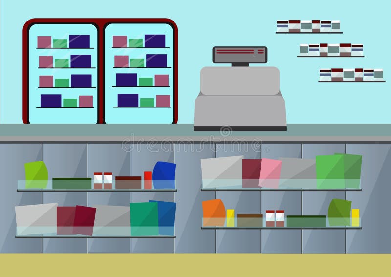 Supermarket Store Counter Desk Equipment and Clerk in Uniform. Stock ...