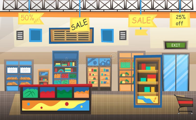 Supermarket Store Interior with Goods. Big Shopping Mall. Interior ...