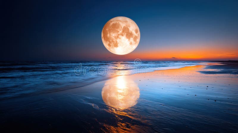 Supermoon Over the Beach at Sunset: a Stunning Coastal Scene Stock ...